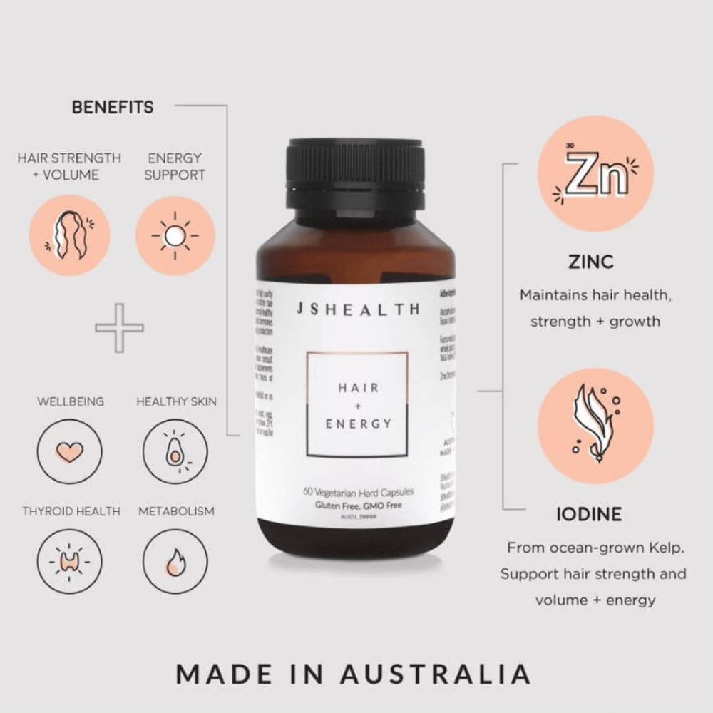 JSHealth Hair + Energy Supplements, 60 Tablets